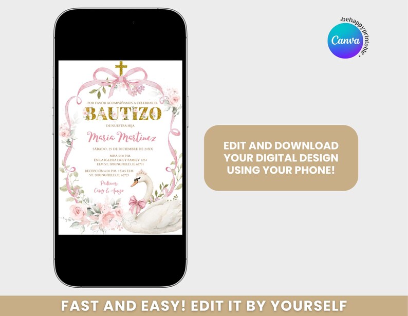 EDITABLE Swan Spanish Girl Fiesta Bautizo Y Primer Anito Pink Floral ...