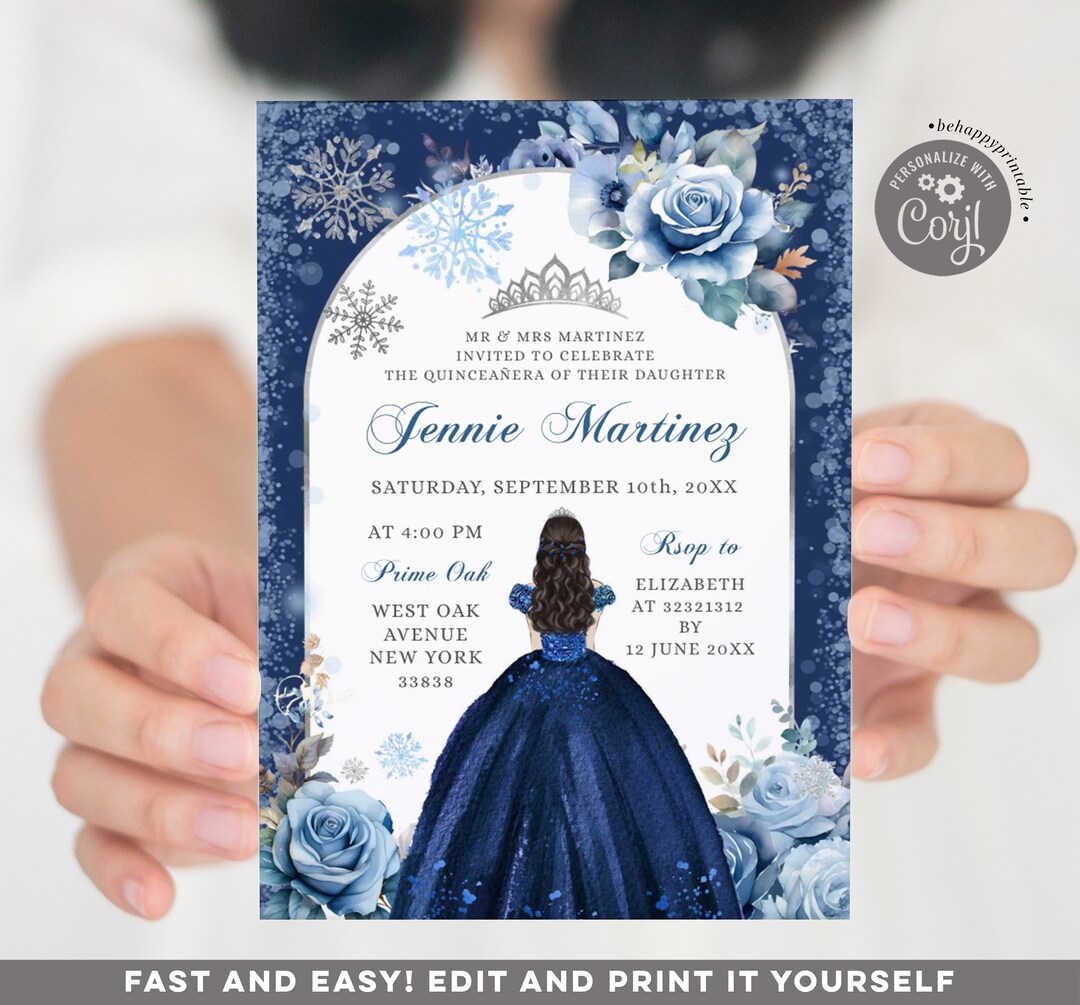 Editable Navy Blue Silver Magical Mis Quince Invitation, Christmas ...