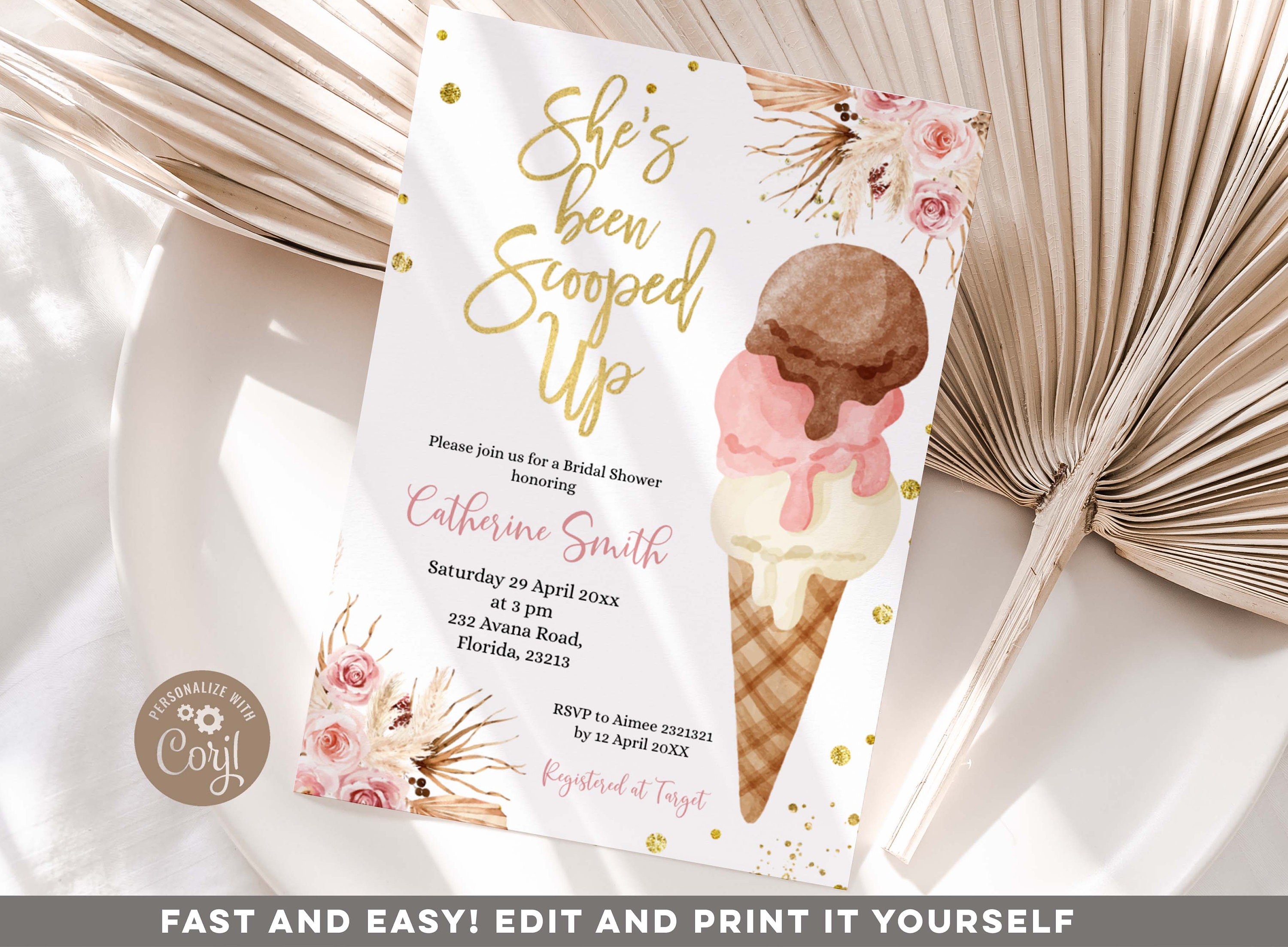 Editable Boho Ice Cream Bridal Shower Invitation Bohemian - Etsy