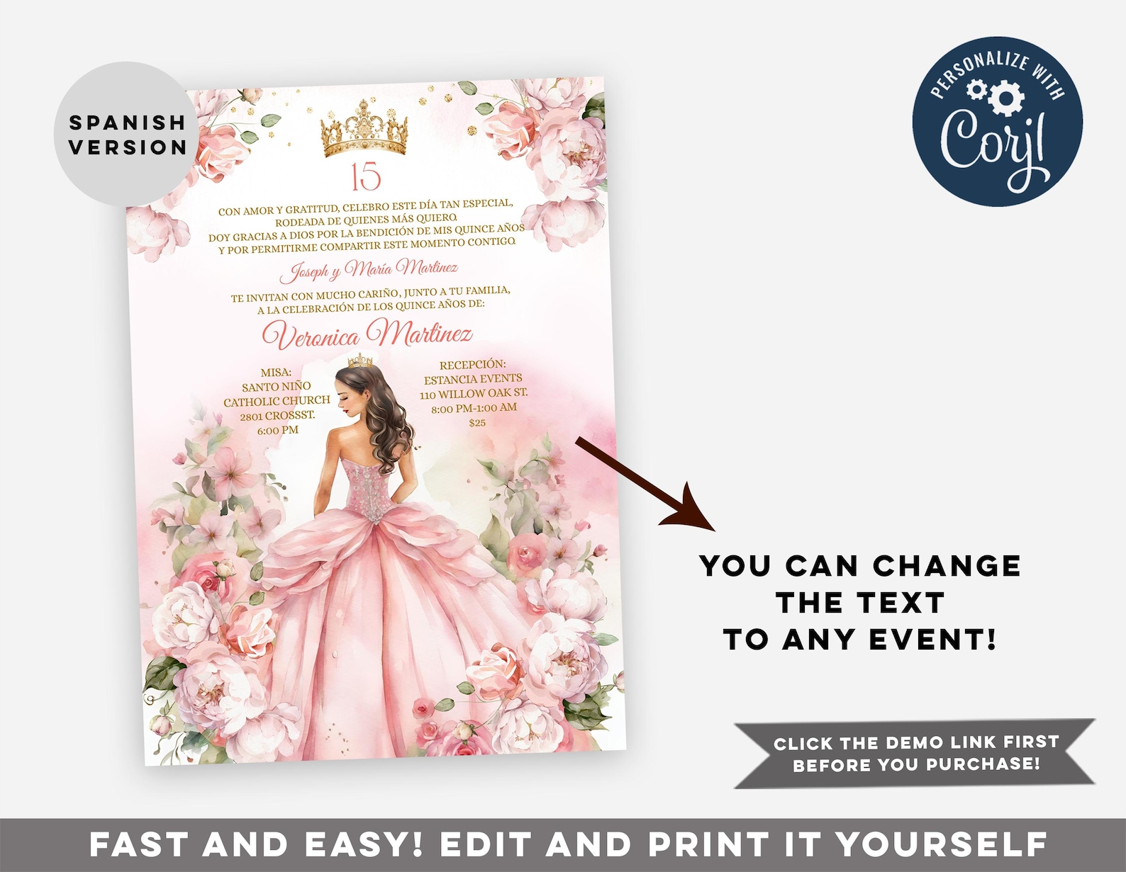 Editable Spanish Pink Mexican Mis Quince 15 Anos Invitation, Pink ...
