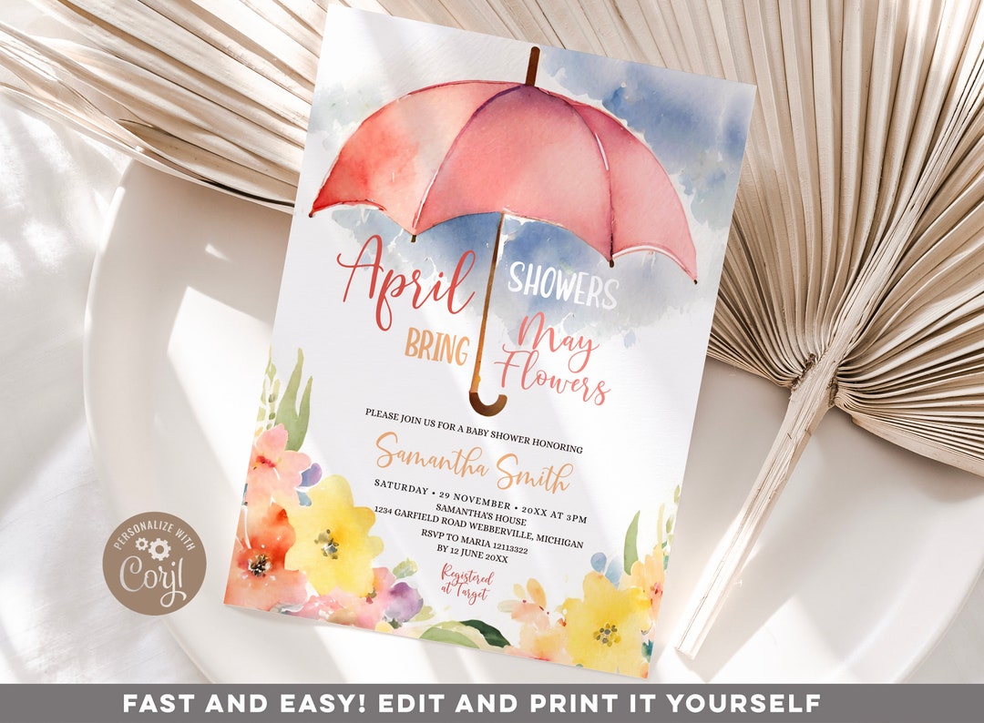 Editable Red Umbrella April Showers Bring May Flowers Gold Love Baby ...