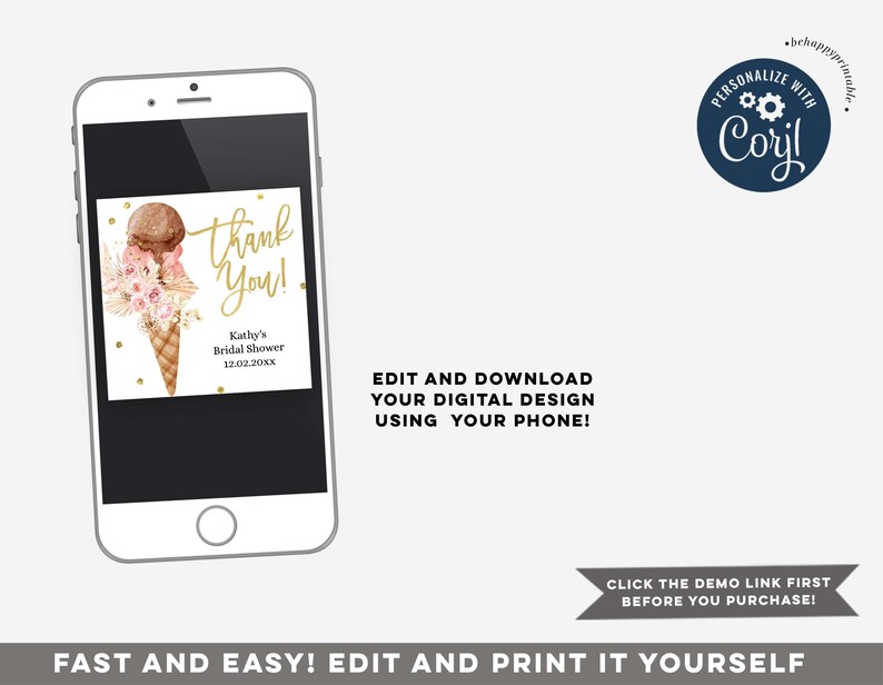 Editable Boho Ice Cream Bridal Shower Thank You Tag Bridal - Etsy