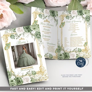 Editable Sage Green Quinceañera Program Template, Mexican Green Floral ...