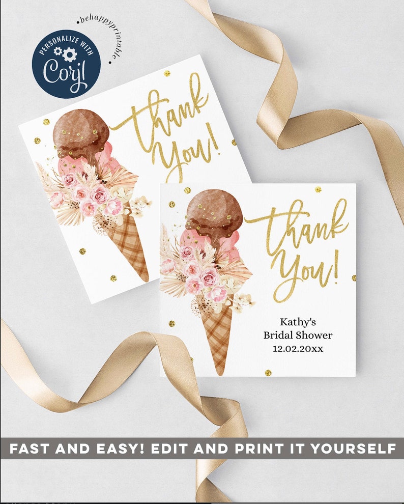 Editable Boho Ice Cream Bridal Shower Thank You Tag Bridal - Etsy