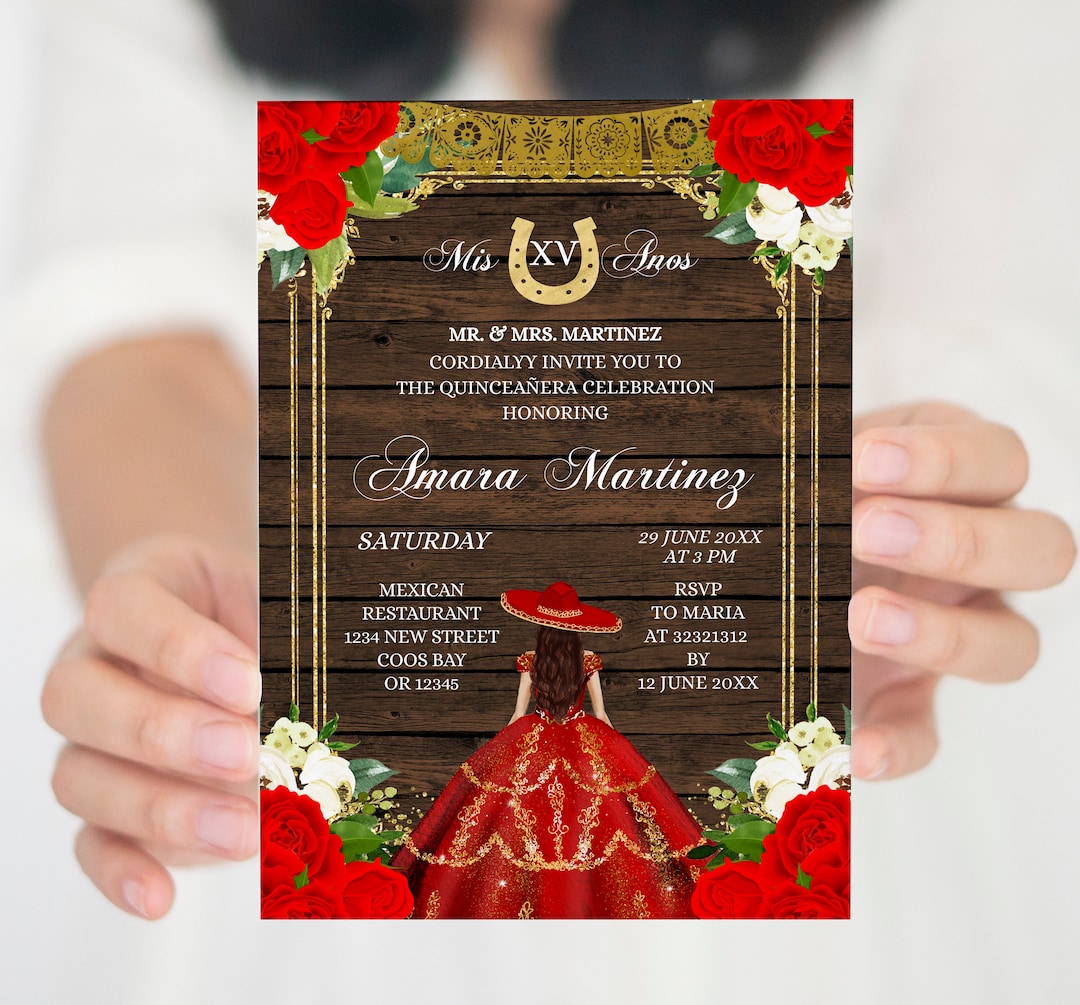Editable Wood Charro Red Princess Invite, Red Roses Floral Fiesta ...