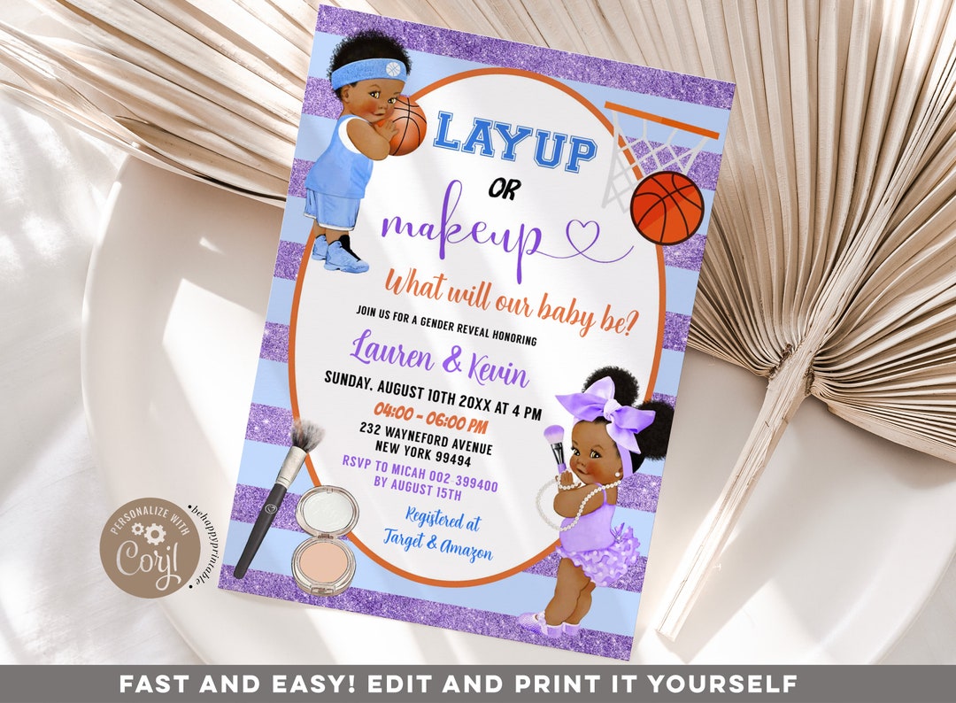 Editable Layup or Makeup Gender Reveal Invitation, Lavender Light Blue ...