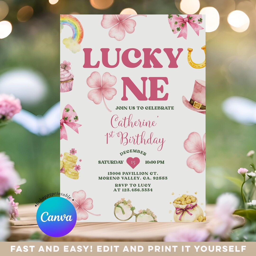 EDITABLE Pink Gold Clover Lucky One Birthday Invitation, Elegant Girl ...