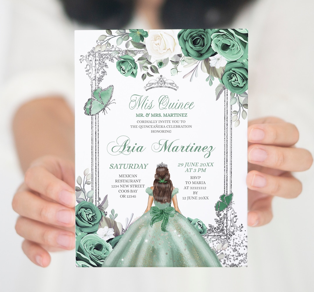 Editable Dusty Green Mexican Princess Quinceanera Invite, Elegant White ...
