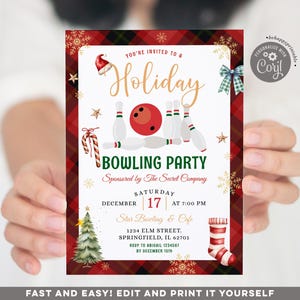 Editable Snowflake Gold Holiday Bowling Party Invitation, Buffalo Plaid ...