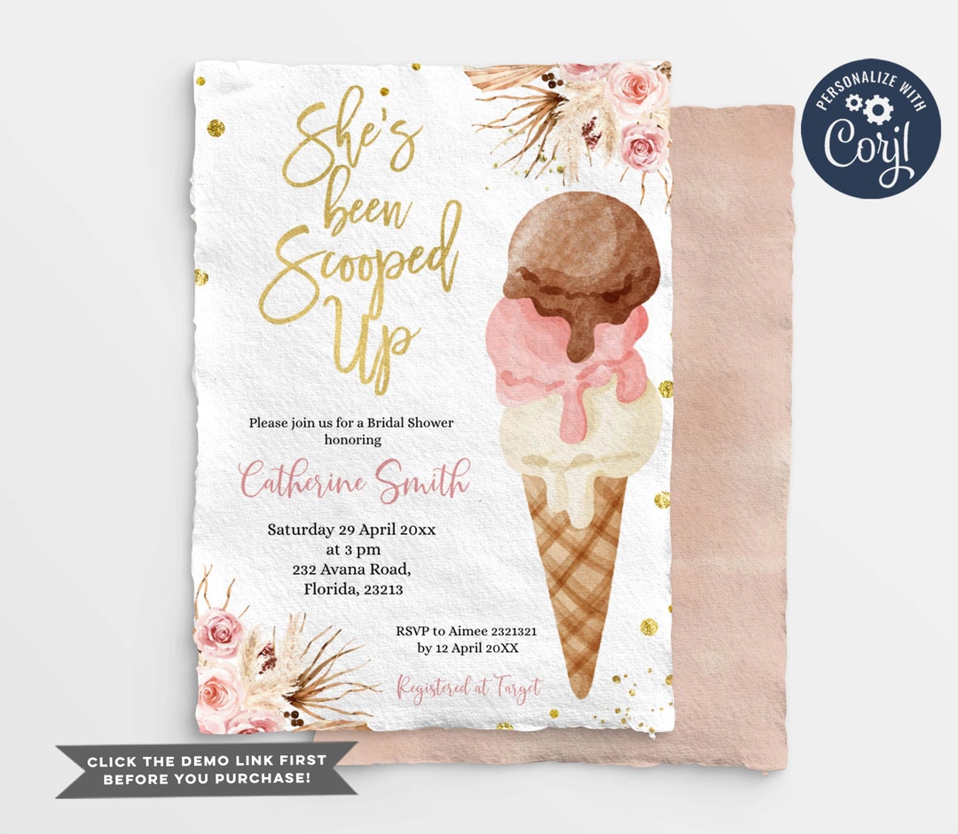 Editable Boho Ice Cream Bridal Shower Invitation, Bohemian Bridal ...