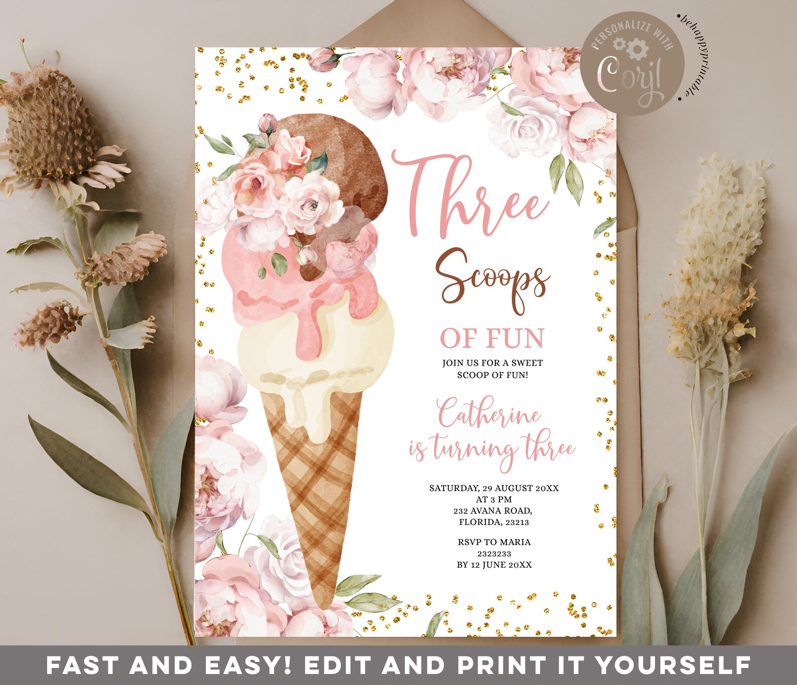 Editable Three Scoops of Fun 3rd Birthday Party Invitation, Gold ...