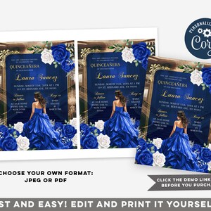 Editable Royal Blue Grand Palace Mis Quince Invitation, Elegant Blue ...