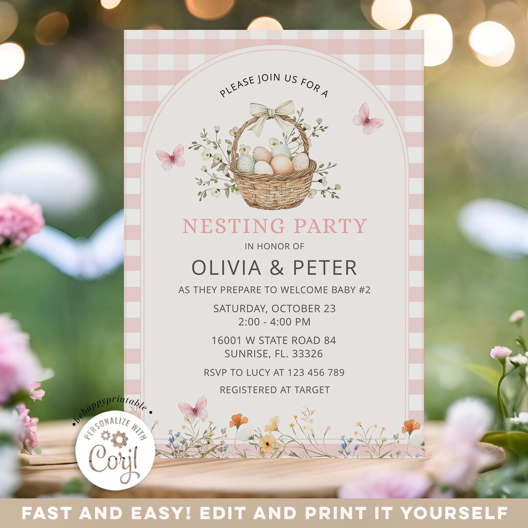 Editable Girl Nesting Party Baby Shower Pink Gingham Invitation, Bird ...