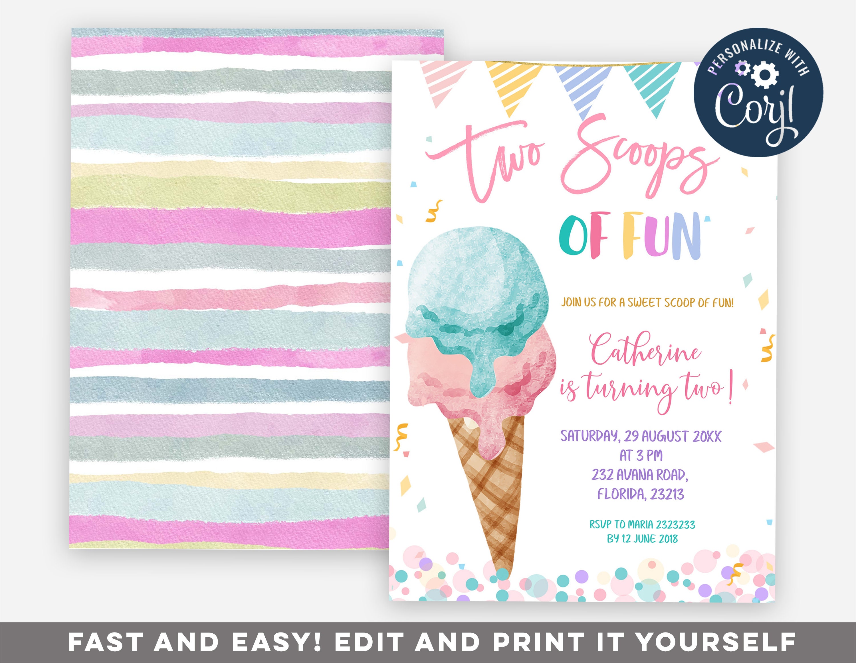 Editable Two Scoops of Fun 2nd Birthday Party Invitation, Gold Glitter ...