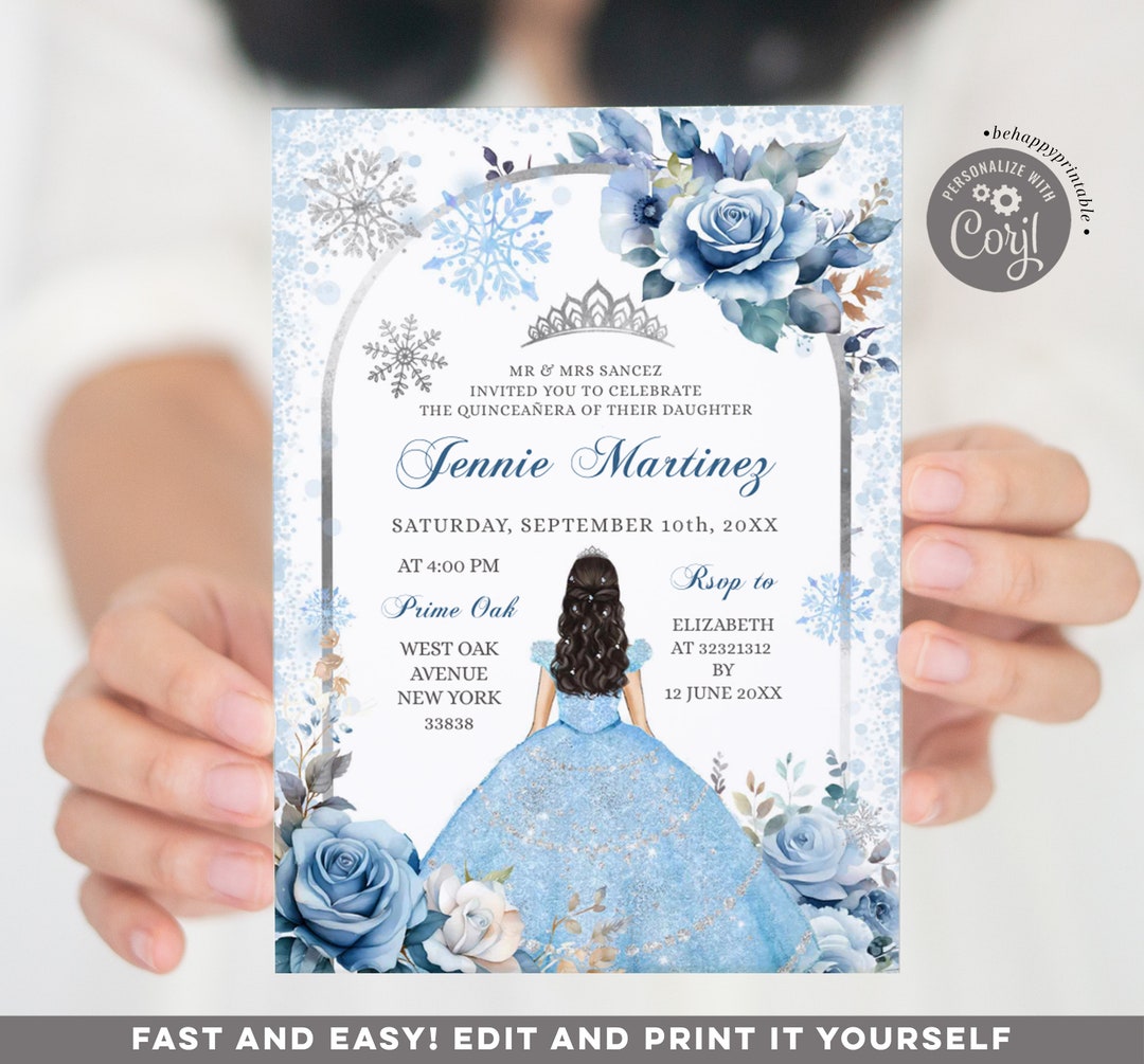 Editable Silver and Blue Magical Quinceañera Invitation, Winter Blue ...