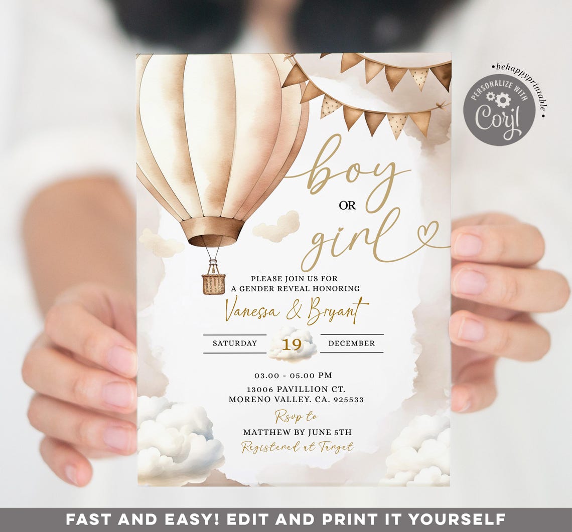 Editable Hot Air Balloon Gender Reveal Invite, Boho Beige Air Balloon ...