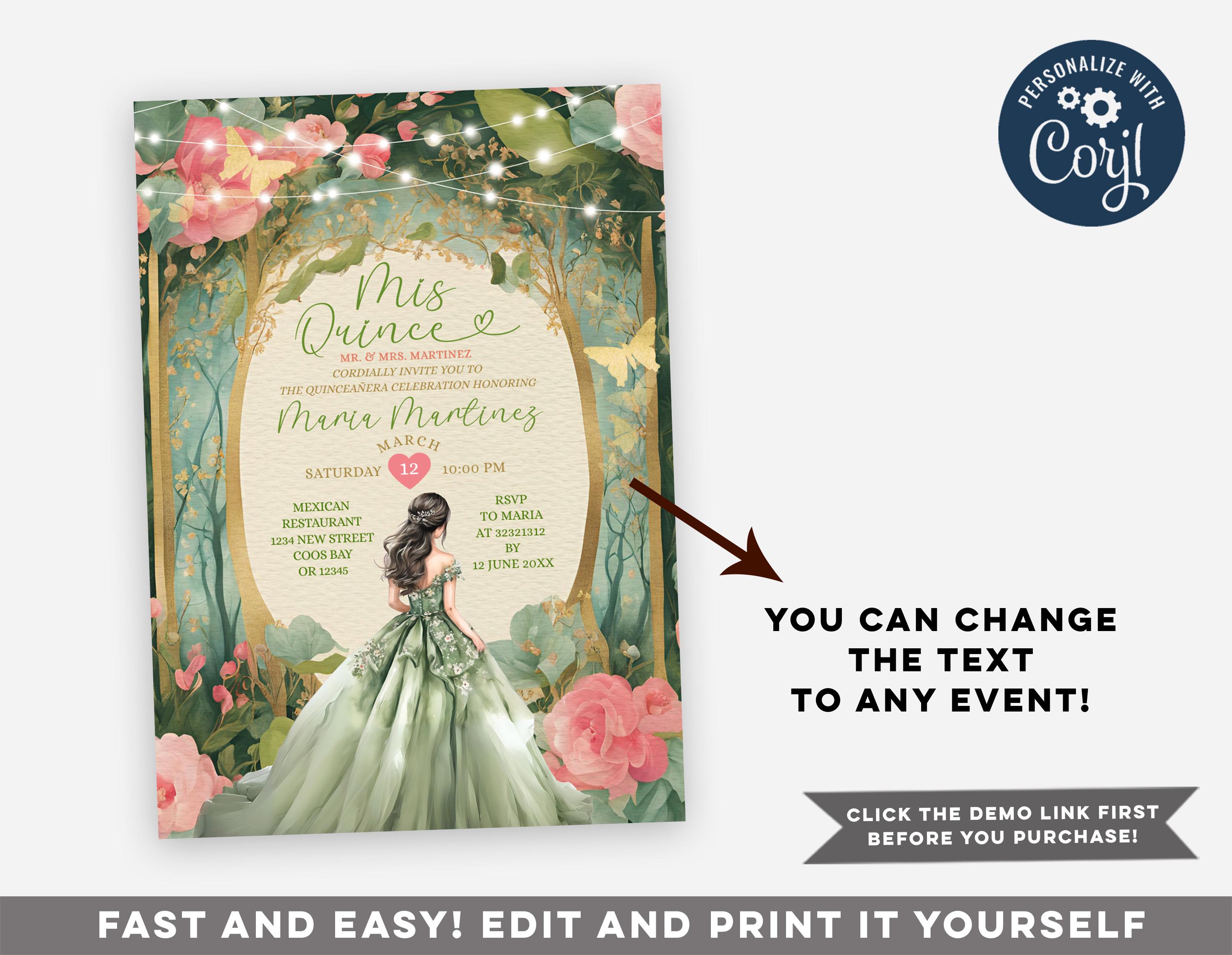 Editable Fuschia Sage Green Princess Quinceañera Invite, Magical ...