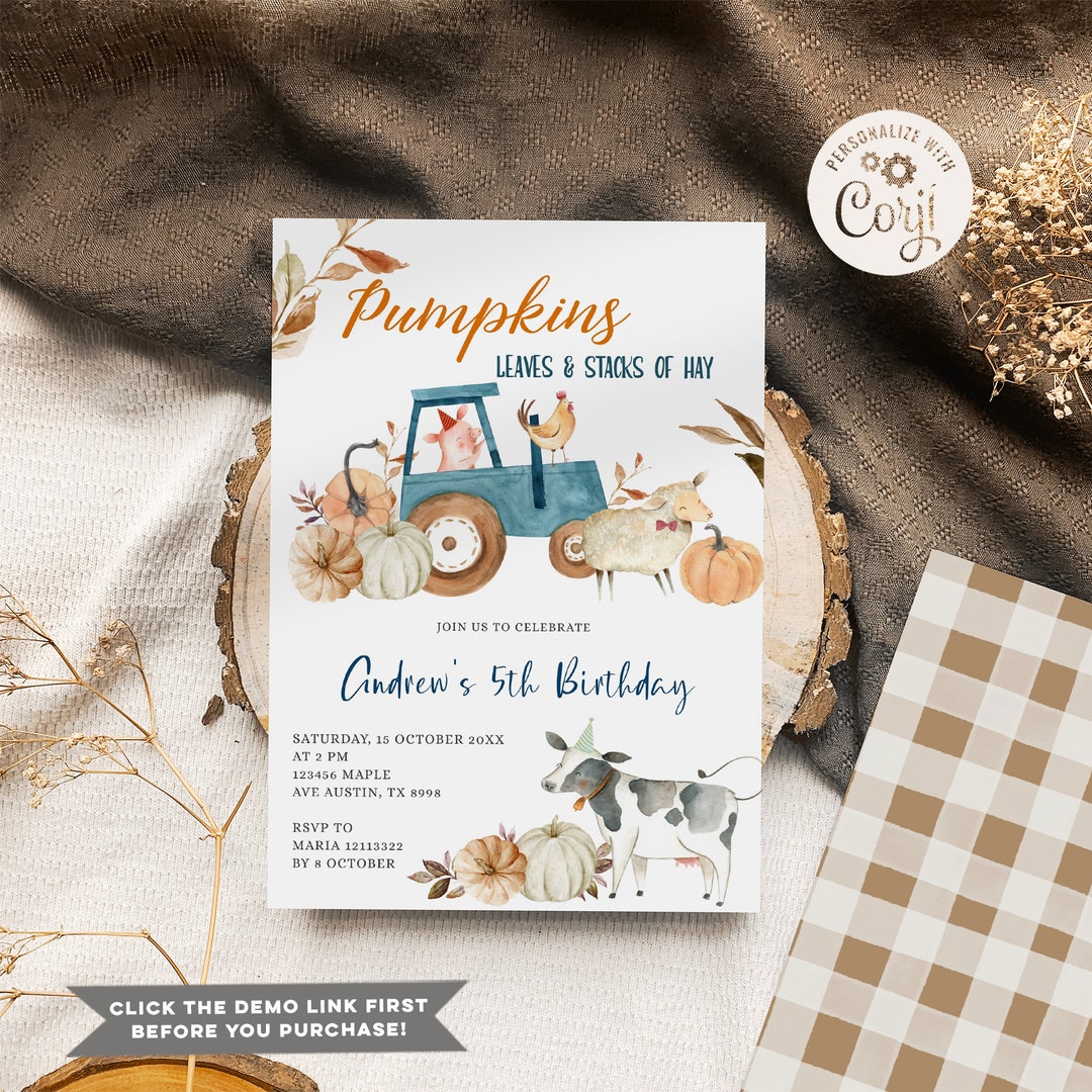 EDITABLE Fall Pumpkin Farm Animal Birthday Invitation, Pumpkin Leaves ...