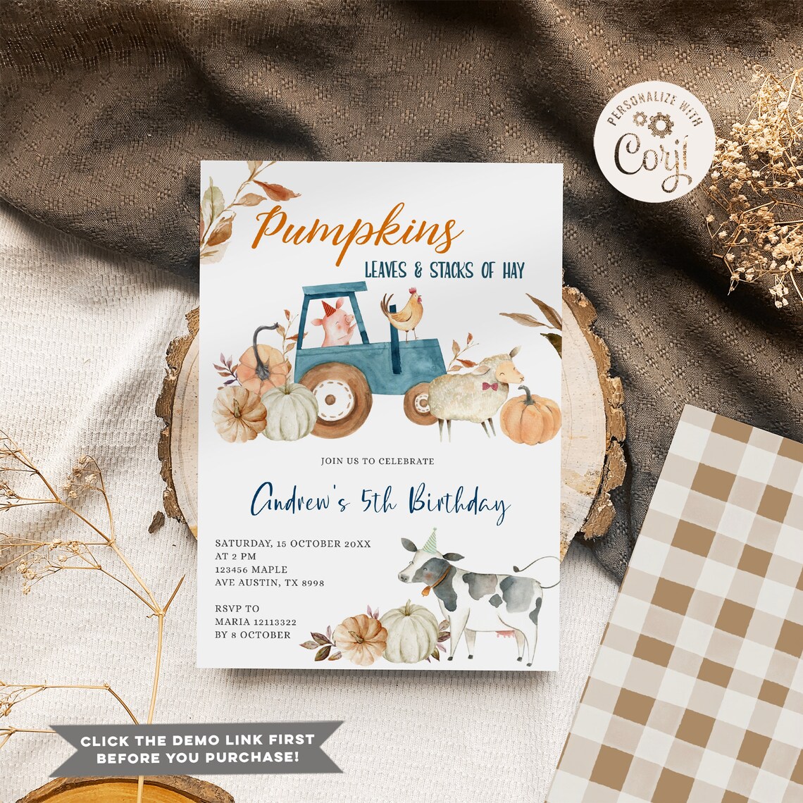 EDITABLE Fall Pumpkin Farm Animal Birthday Invitation, Pumpkin Leaves ...