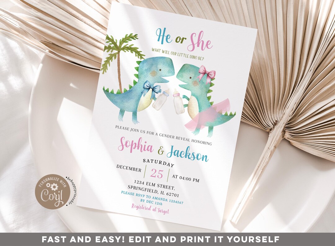 Editable Conquette Dino Gender Reveal Invitation, Gender Neutral He or ...