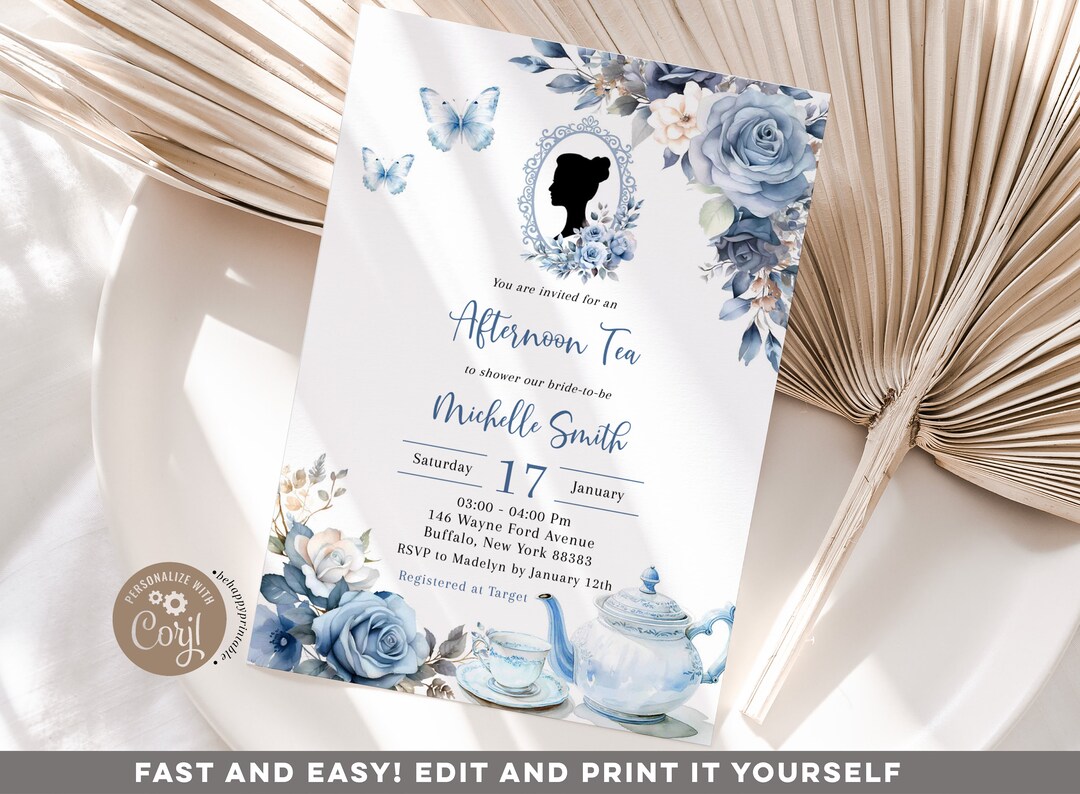 Editable Dusty Blue English Afternoon Tea Invitation, Blue Victorian ...