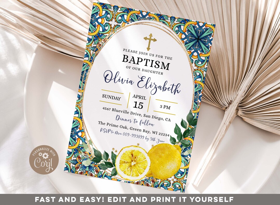 EDITABLE Italian Blue Tiles Lemon Baptism Invitation, Main Squeeze ...