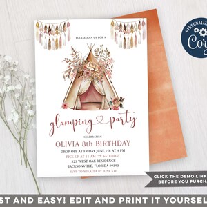 Editable Boho Glamping Birthday Party Invitation, Boho Teepee Sleepover Party, Kid's Glamping ...