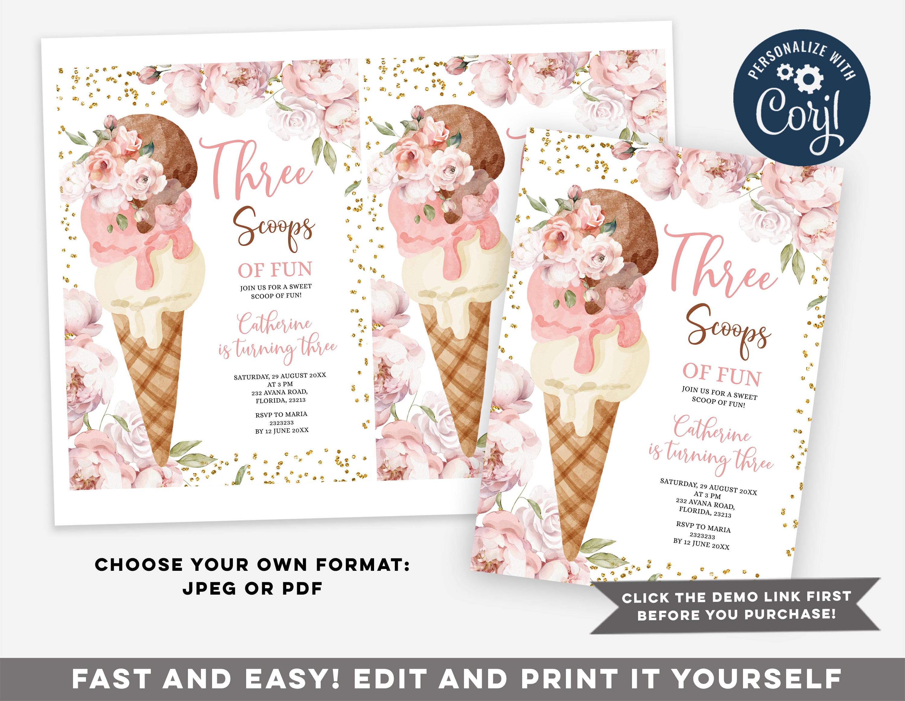 Editable Three Scoops of Fun 3rd Birthday Party Invitation, Gold ...