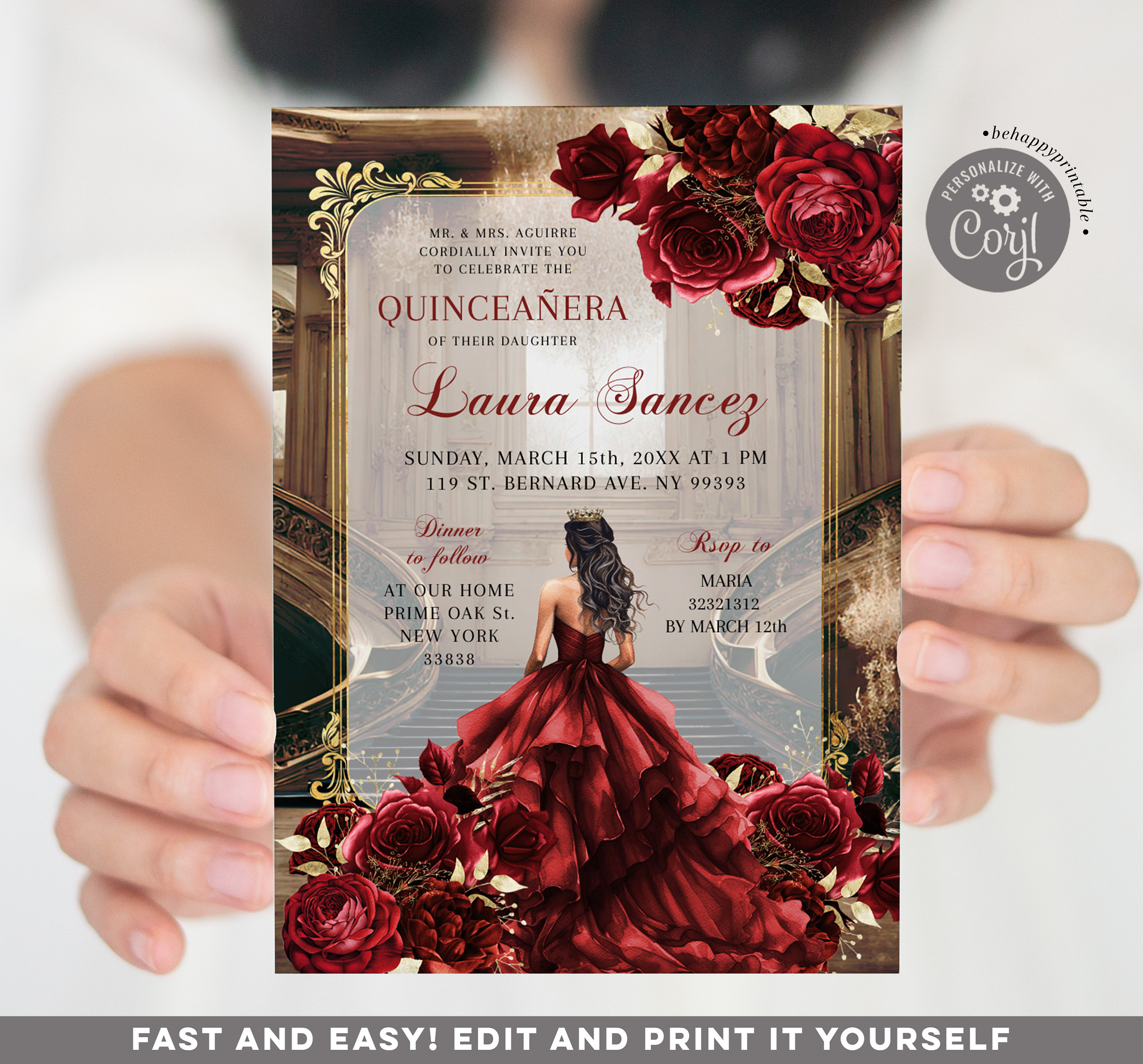 Editable Red Burgundy Flowers Princess Quinceañera Invitation, Gold Red ...