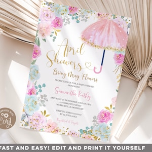 Editable Pink Umbrella April Showers Bring May Flowers Baby Shower ...
