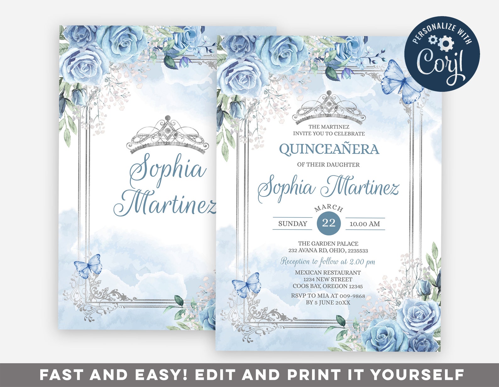 Editable Dusty Blue Mexican Girl Princess Quinceañera Invitation, Dusty ...