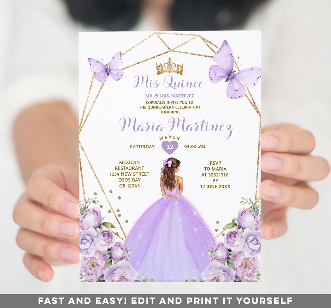 Editable Lilac Mis Quince Invitation, Purple Princess Dresses ...