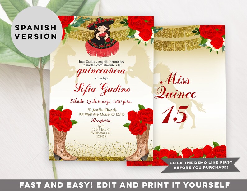Red Gold Charro Quinceañera, Editable Red Roses Quinceanera Invite, Mis ...