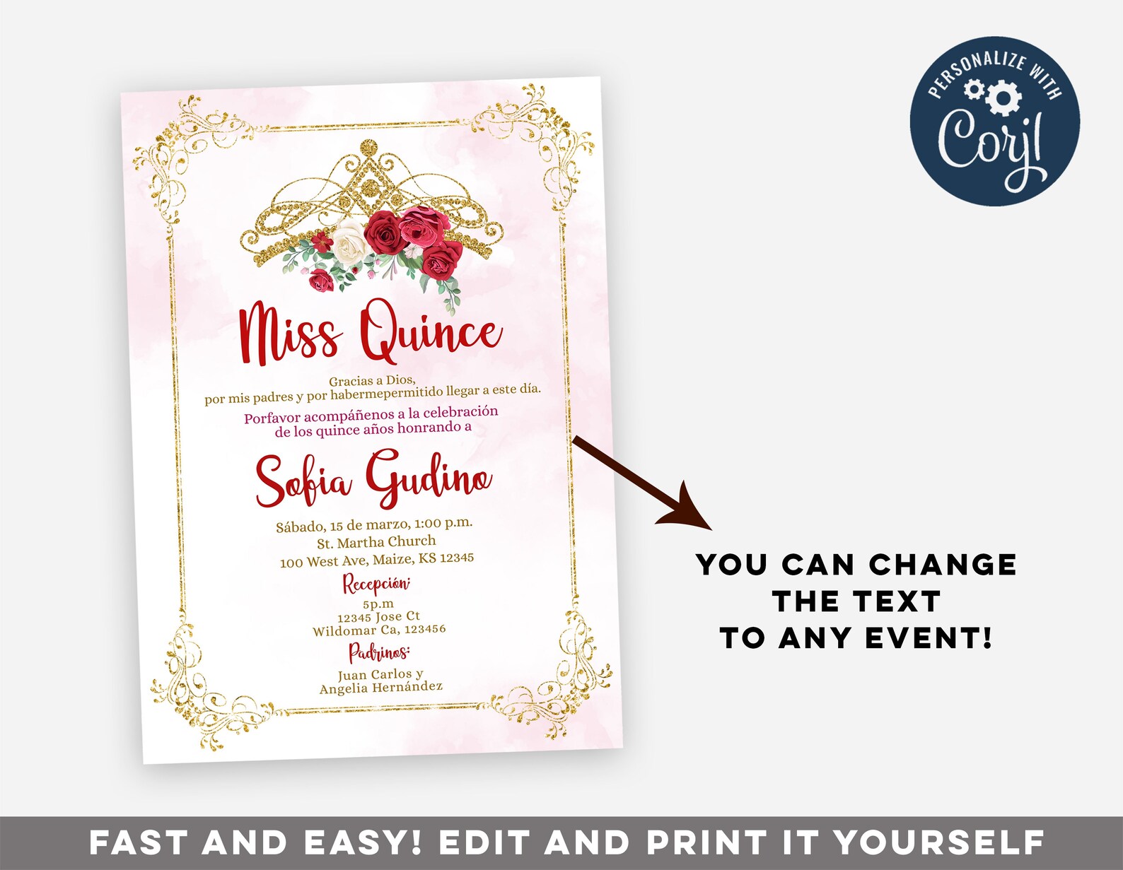 Editable Red Roses Flowers Miss Quince Invitation Marsala - Etsy