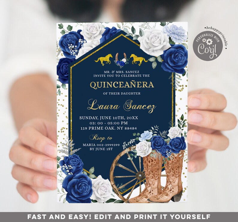 Invitación editable de quinceañera occidental en azul marino ...