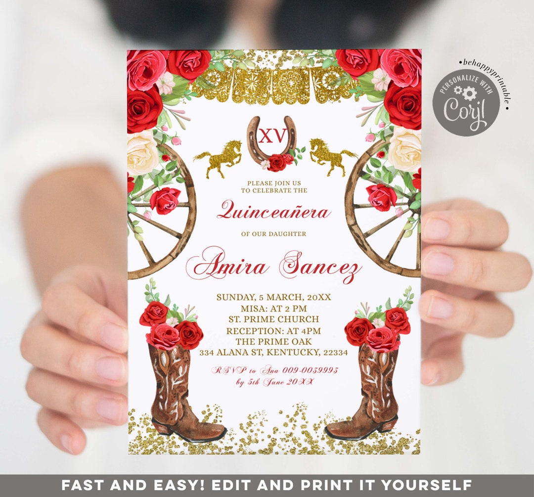 Invitación editable de fiesta floral con rosas rojas para quinceañera ...