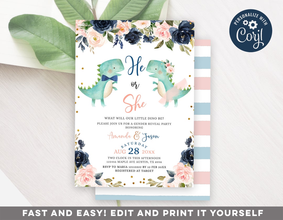 He or She Dinosaur Gender Reveal Invitation, Editable Bowtie or Tutu ...
