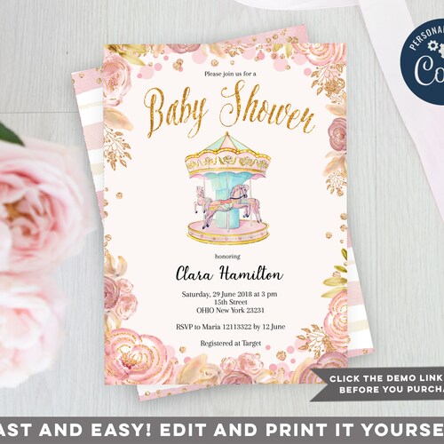 Carousel Baby Shower Invitation Girl Printable Carousel Baby - Etsy