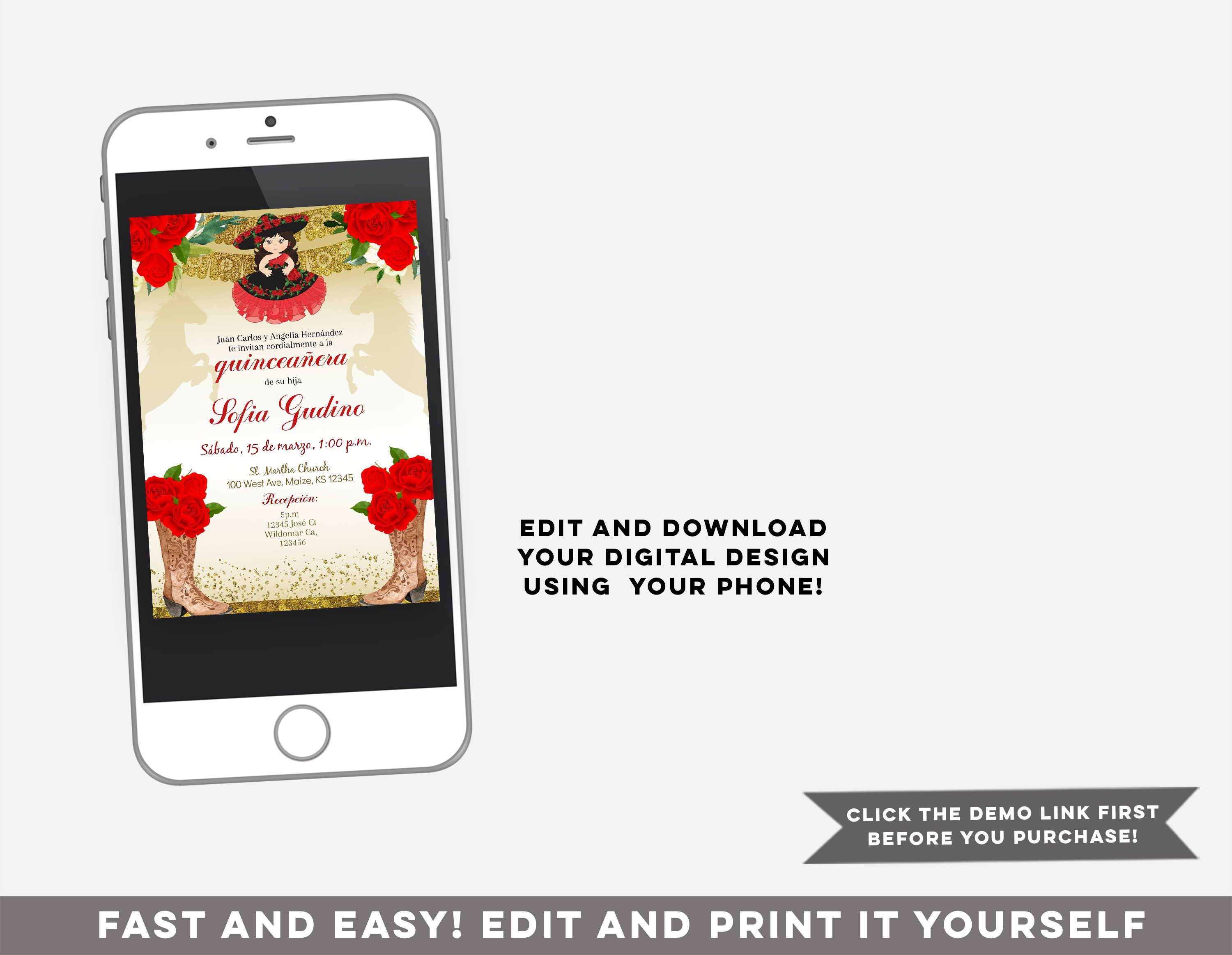 Red Gold Charro Quinceañera, Editable Red Roses Quinceanera Invite, Mis ...