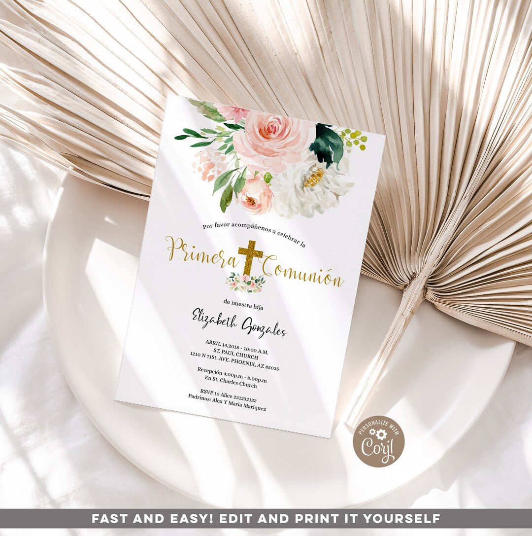 EDITABLE Primera Comunion Invitation, Floral Peach First Holy Communion ...
