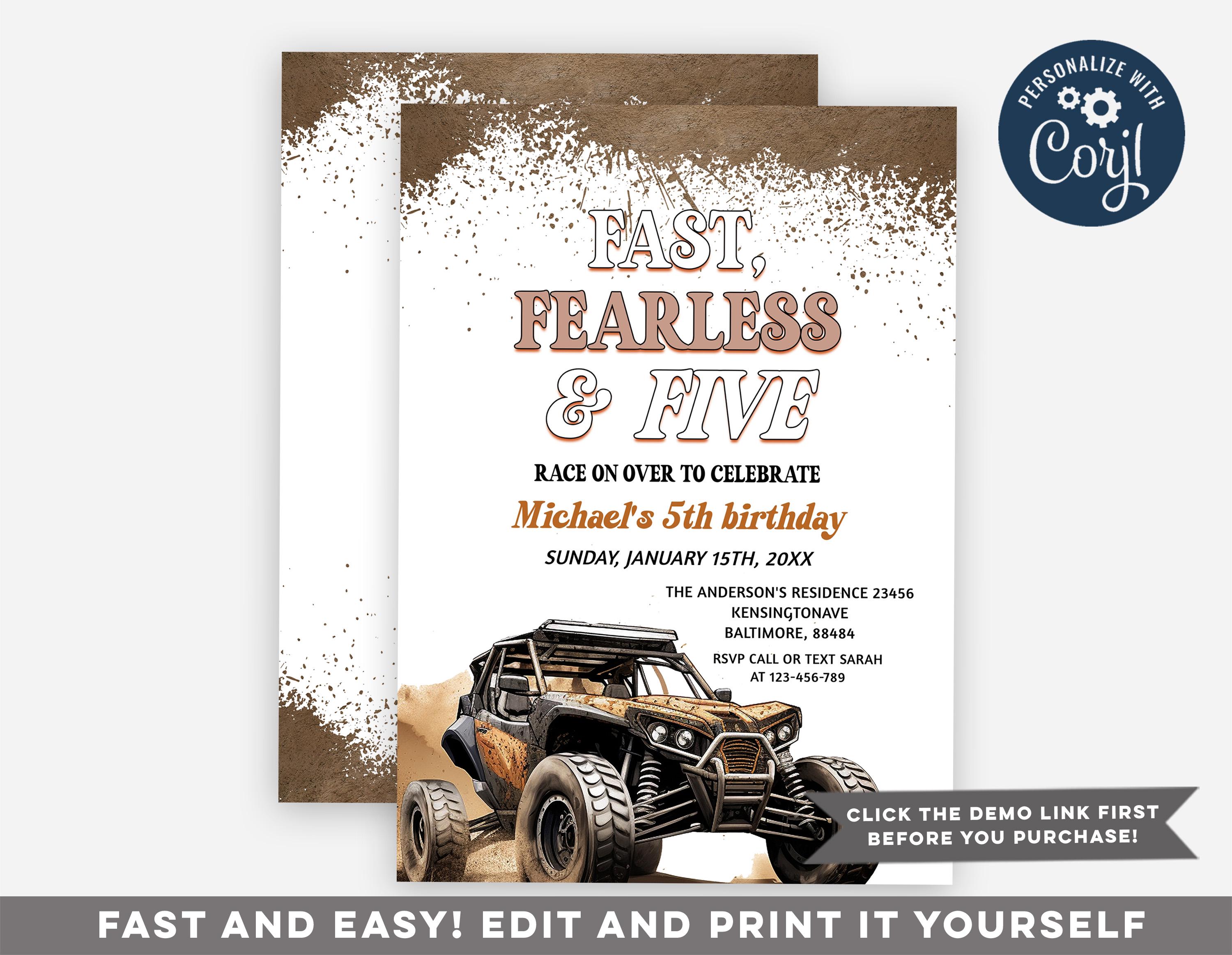 Editable Fast Fearless & FIVE Racing Birthday Invitation, Muddy ATV Any ...