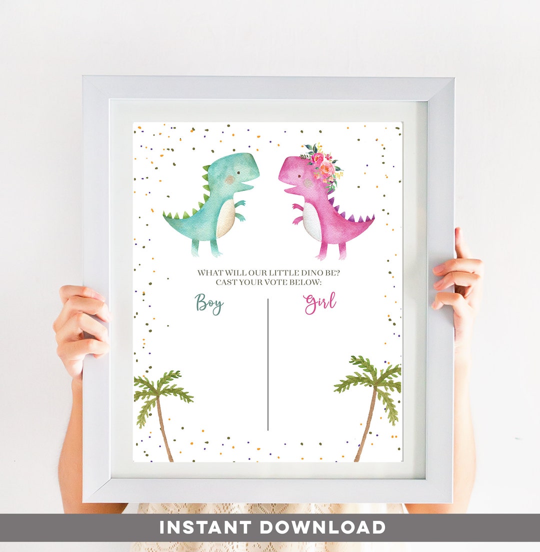 He or She Dinosaur Gender Reveal Sign, Editable Blue and Pink Gender ...