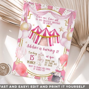 Editable Pink and Gold Carousel Girl Birthday Invitation, Girl's Pink ...
