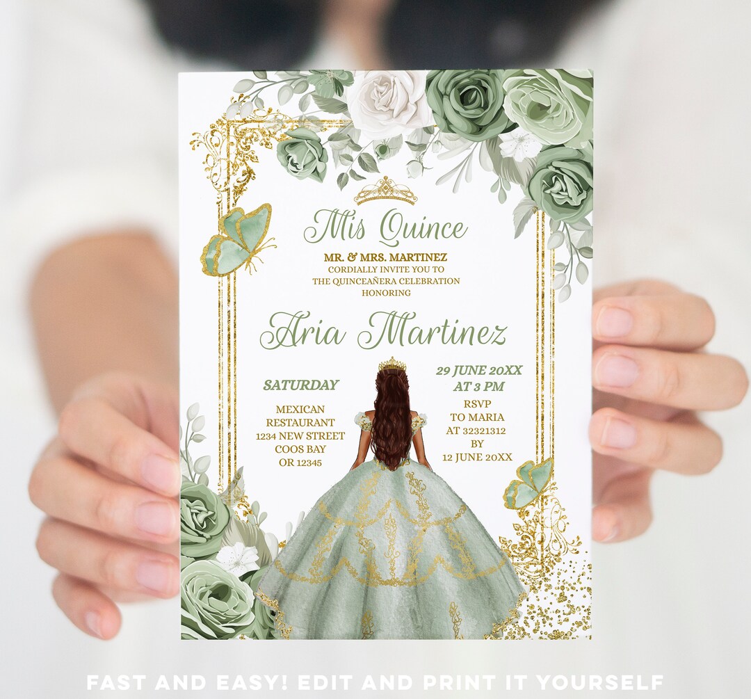Editable Sage Green & Gold Mexican Princess 15 Anos Mis Quince ...