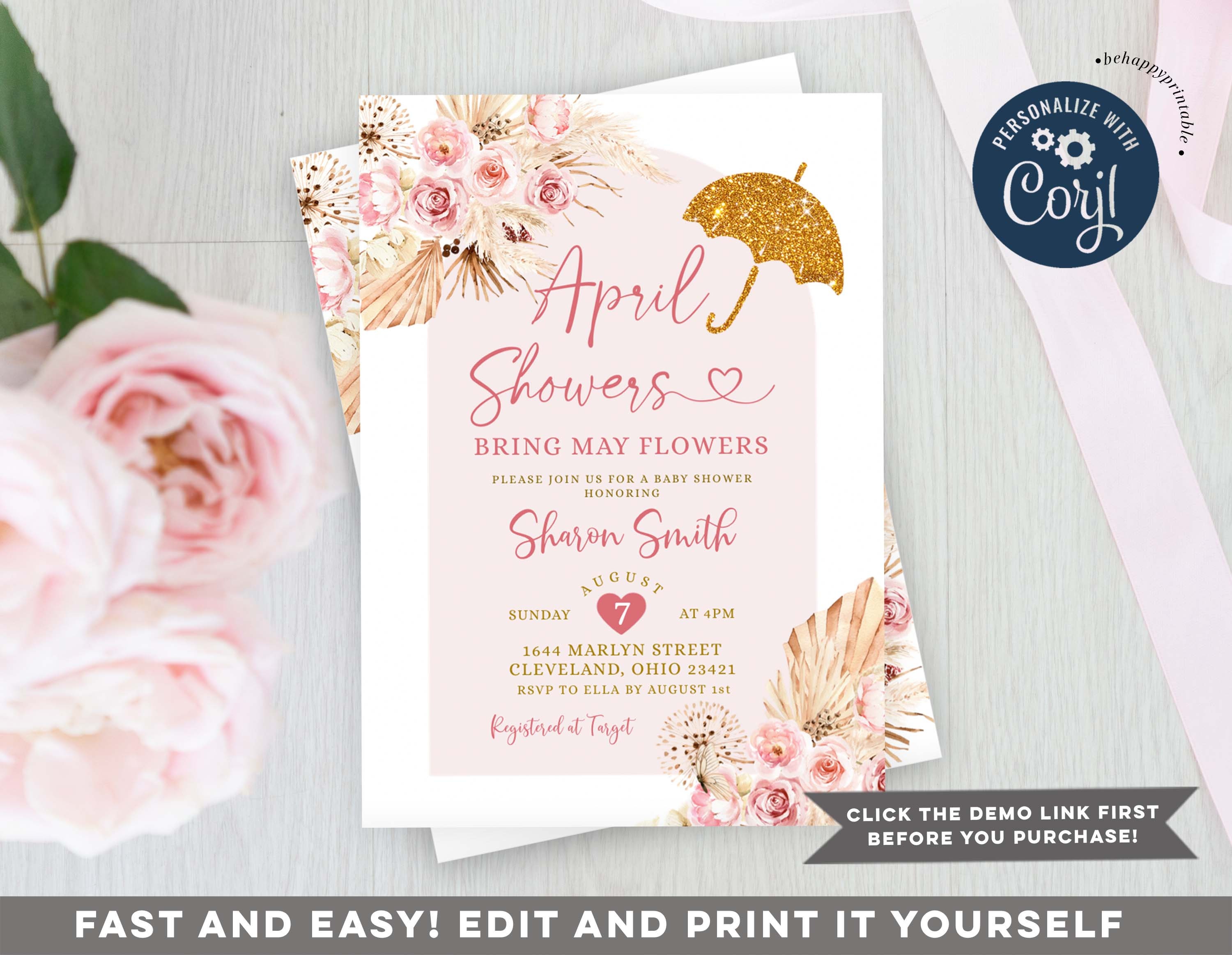 Editable Boho Pink April Showers Baby Shower Invitation, Gold Umbrella ...