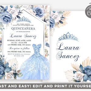 Editable Boho Dusty Blue Mis Quince Invitation, Dusty Blue Dress ...