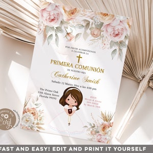 Editable Boho Rustic Holy Communion Invitation, Boho Little Girl ...