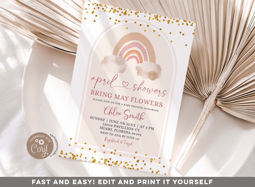 Editable Boho Pink Rainbow April Showers Baby Shower Invitation ...