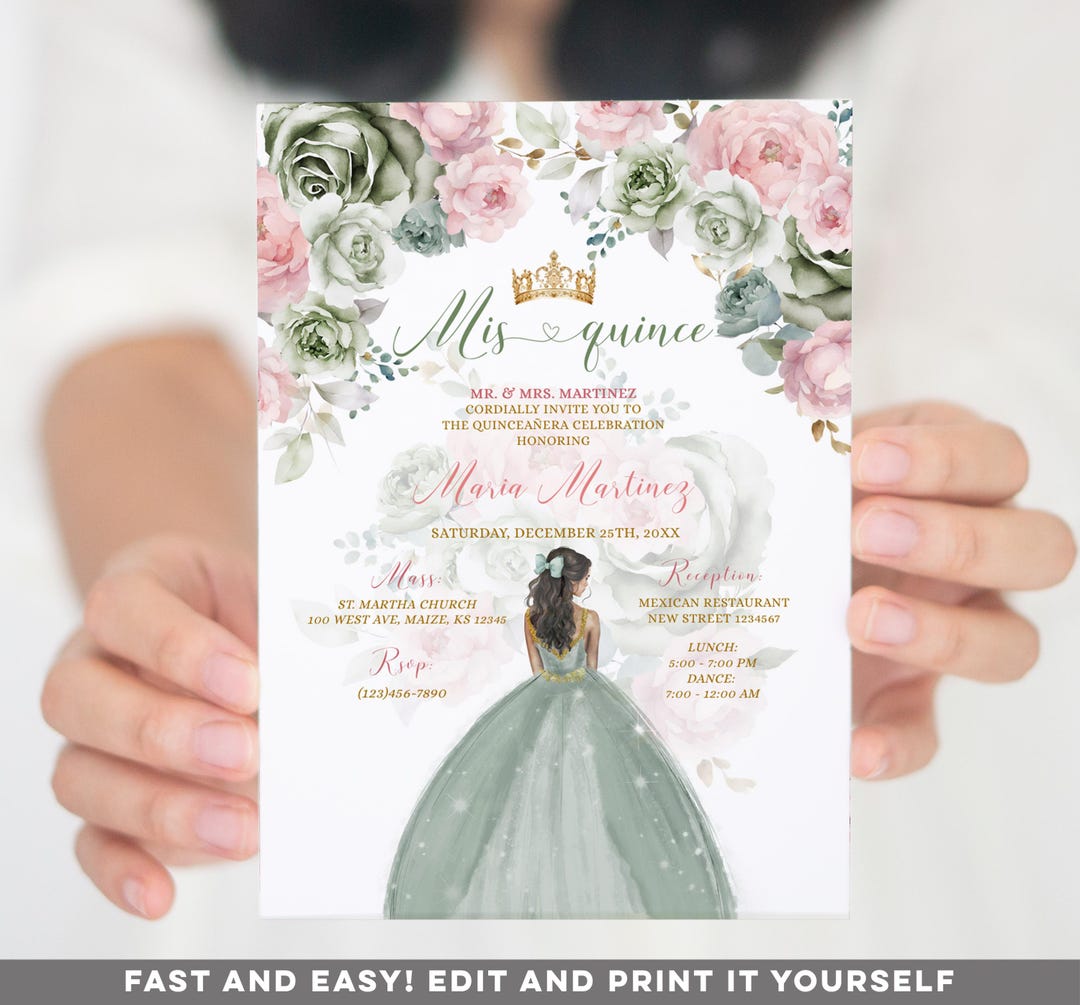 Editable Mis Quince Gold Sage Green & Pink Floral Mexican Princess ...