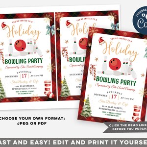 Editable Snowflake Gold Holiday Bowling Party Invitation, Buffalo Plaid ...